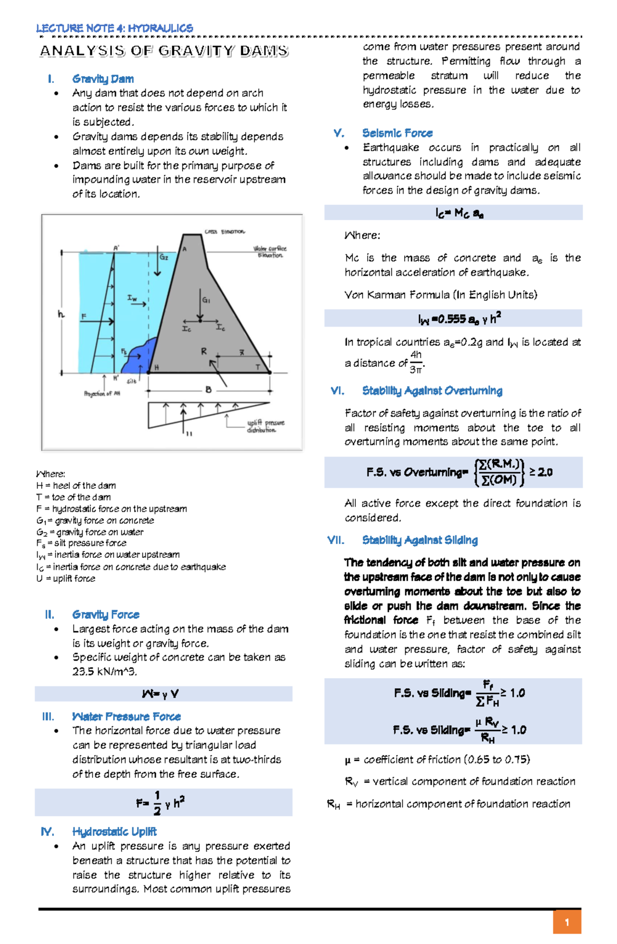 Hydraulics Lecture Notes 4: Analysis of Gravity Dams and Forces - Studocu