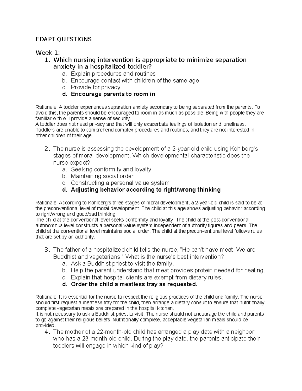 EDAPT Questions for Nursing Exam Preparation (Week 1) - Studocu