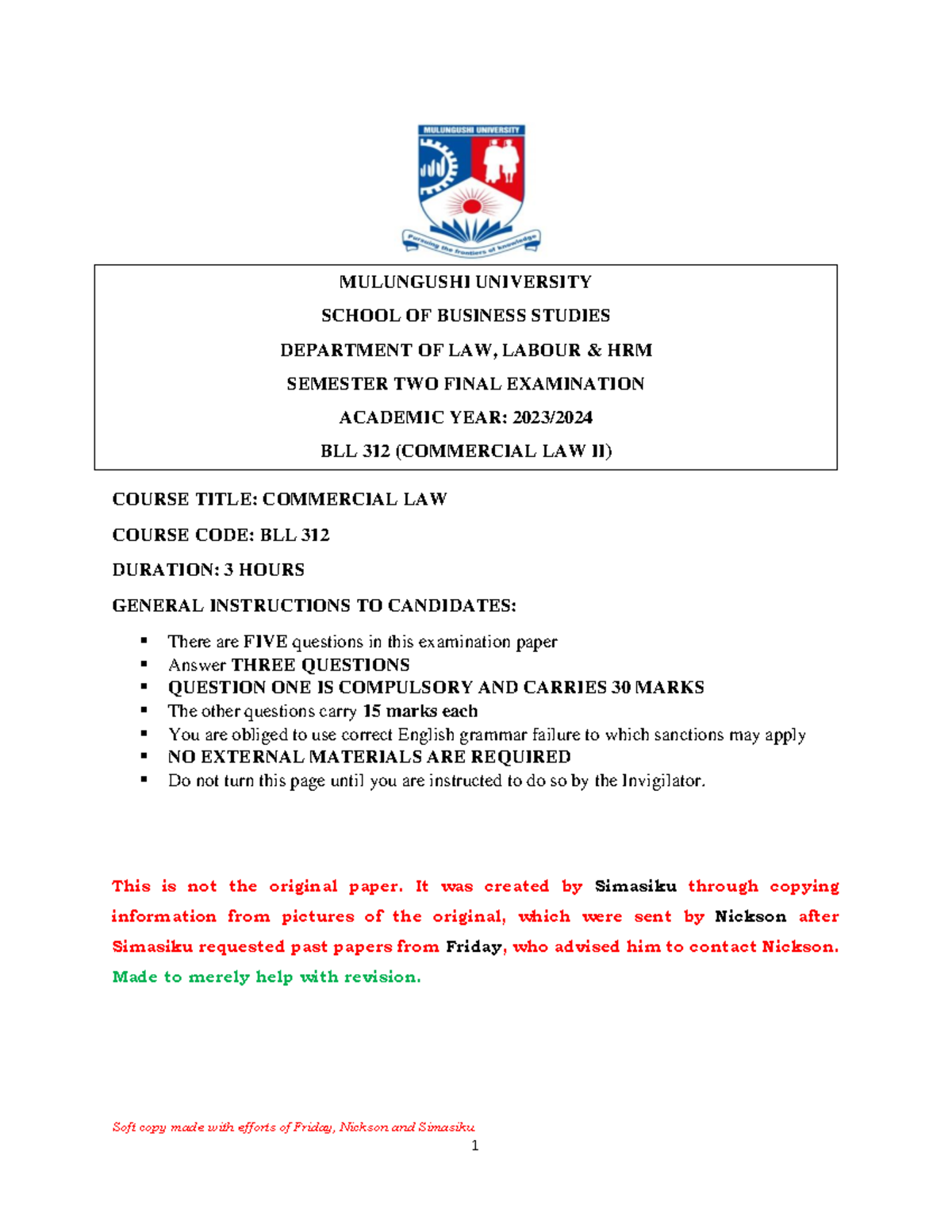 BLL 312 Final Exam: Commercial Law II - June 2024 Revision Notes - Studocu