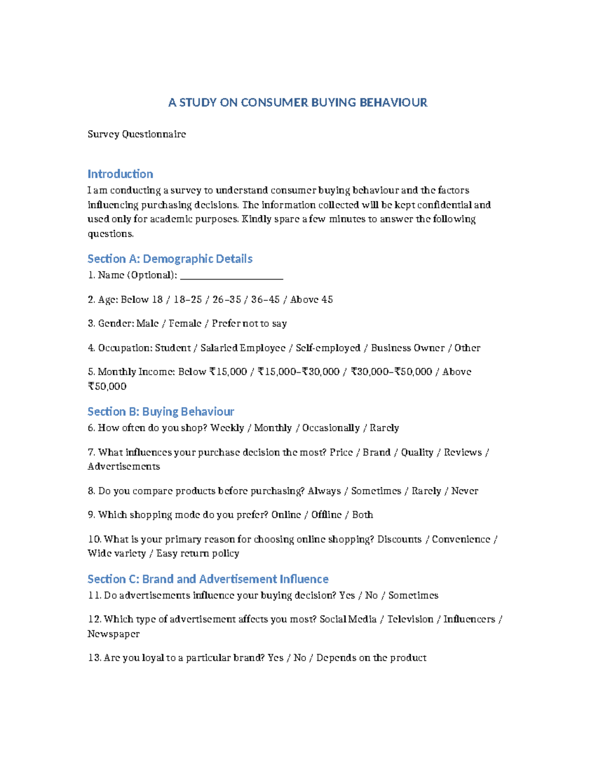 Consumer Buying Behaviour Survey Questionnaire Analysis - Studocu
