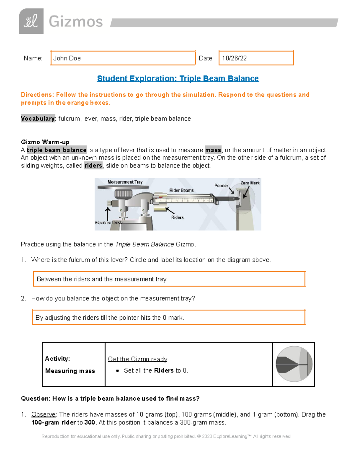 Exploring the Triple Beam Balance: Mass Measurement Gizmo Activity ...