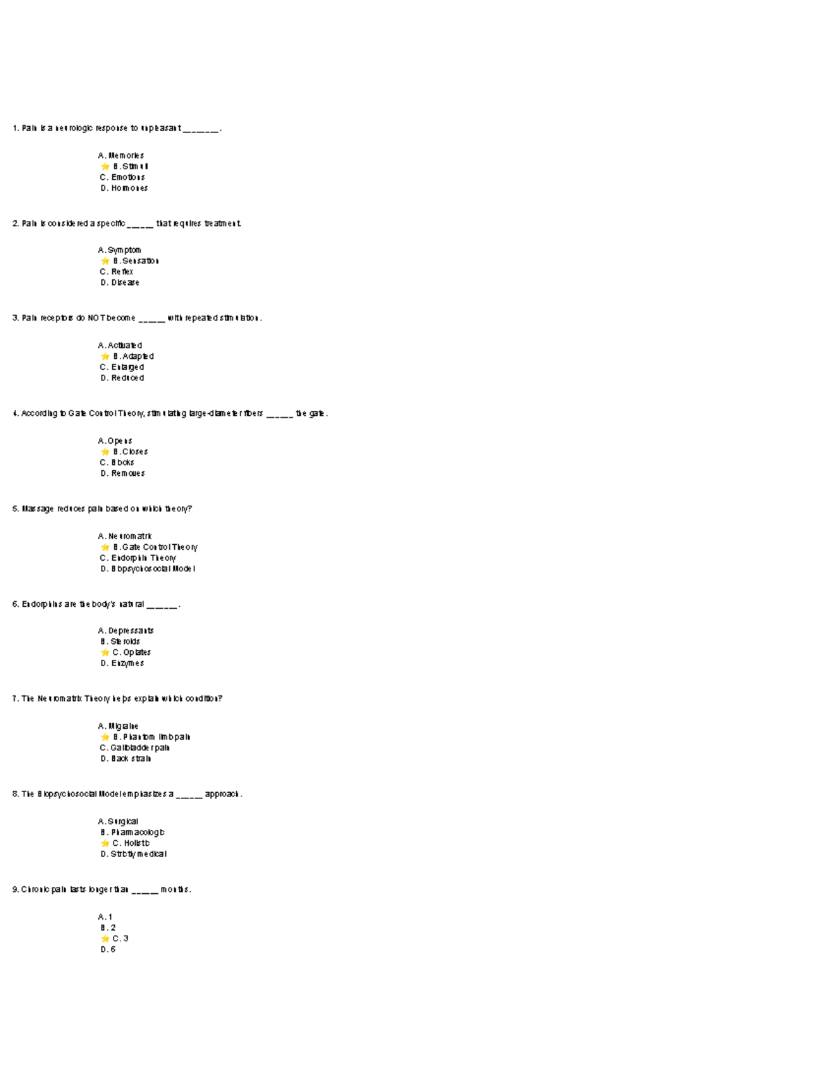 Pain Management Quiz (Course Code: 1) - Key Concepts and Theories - Studocu