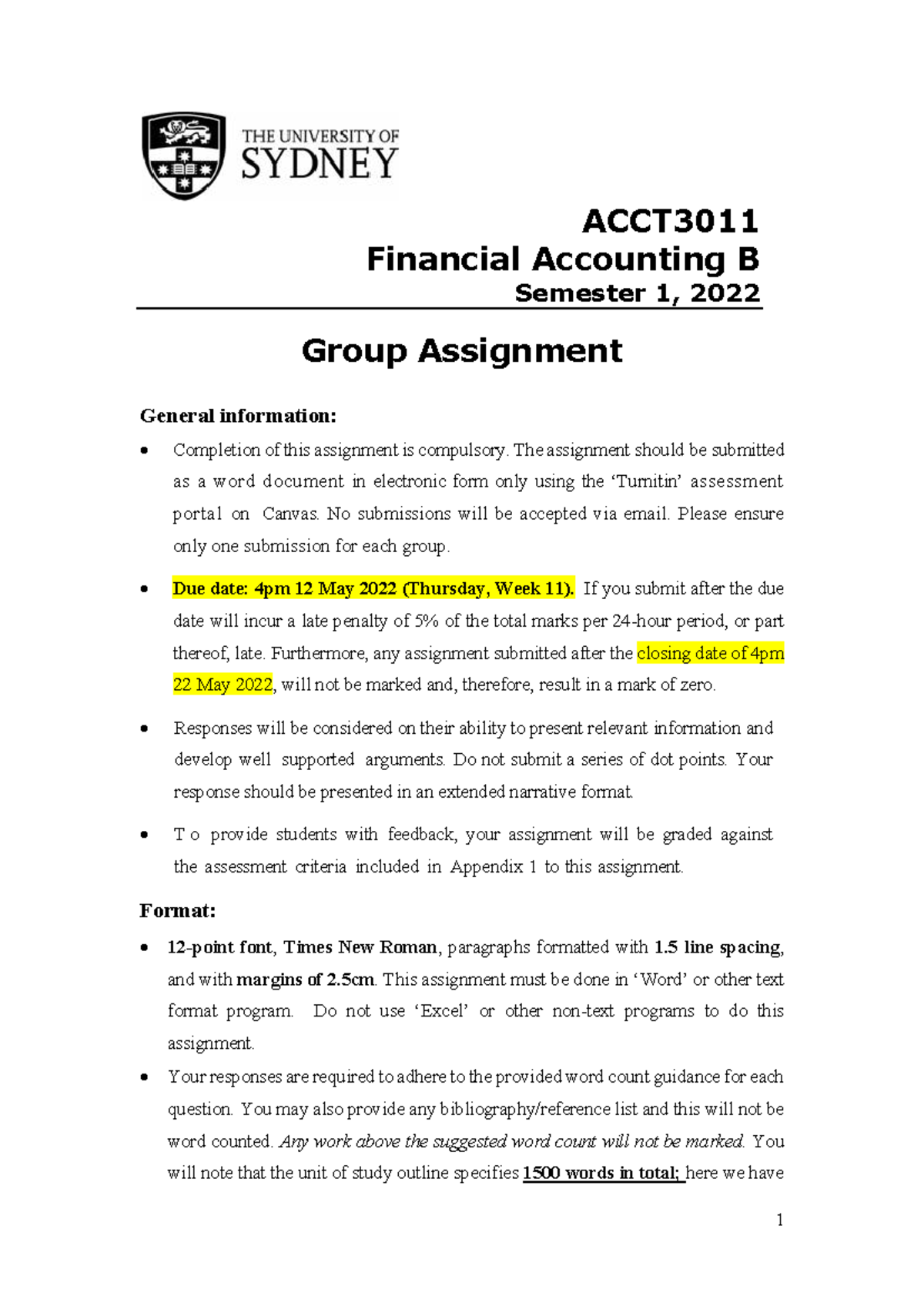 ACCT 3011 S1 2022 Group Assignment Guidelines and Requirements - Studocu