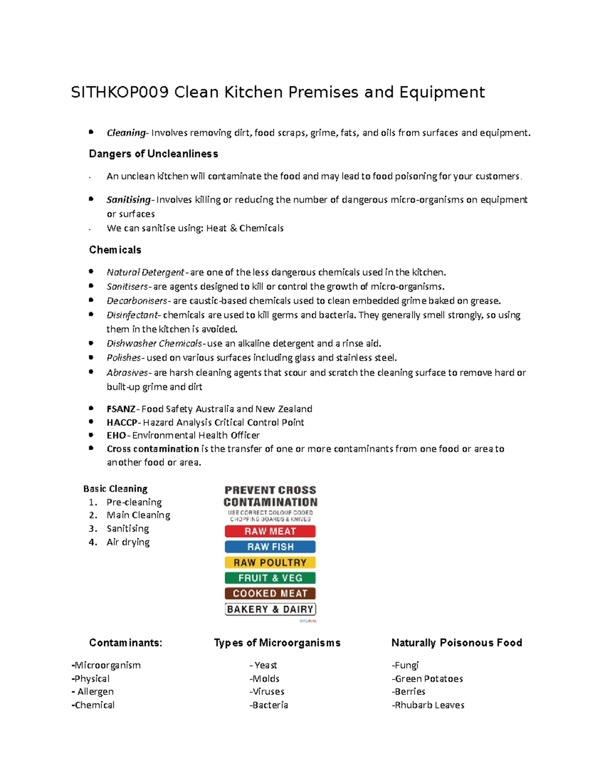 SITHKOP009 Clean Kitchen Premises & Equipment Guidelines - Studocu