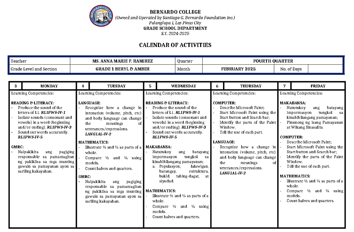 COA-FEB - Semi detailed lesson plan for Grade 1 subjects - BERNARDO ...