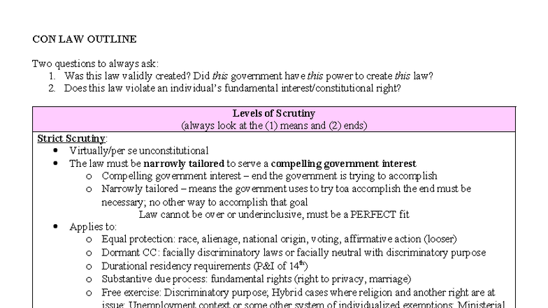 NK CON LAW Outline: Key Concepts and Levels of Scrutiny - Studocu