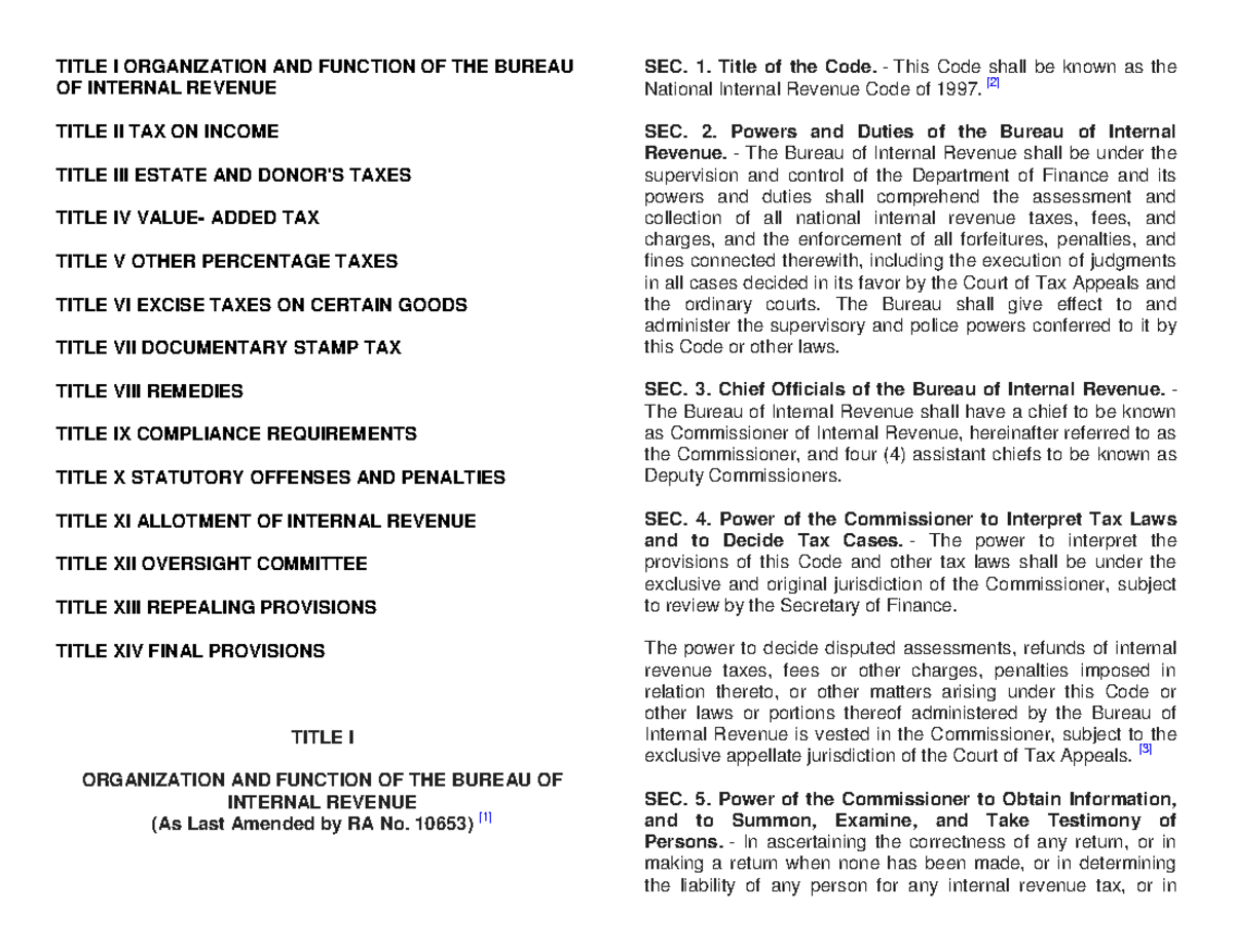National Internal Revenue Code (1997): Organization & Functions ...