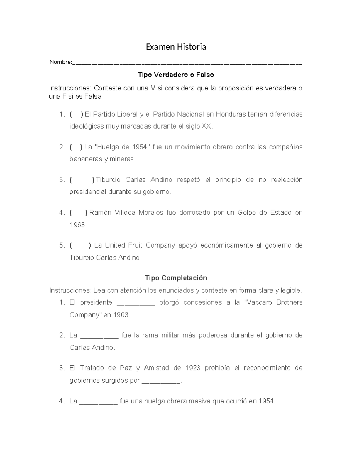 Examen Historia - Ejercicios de Verdadero/Falso y Selección Múltiple ...