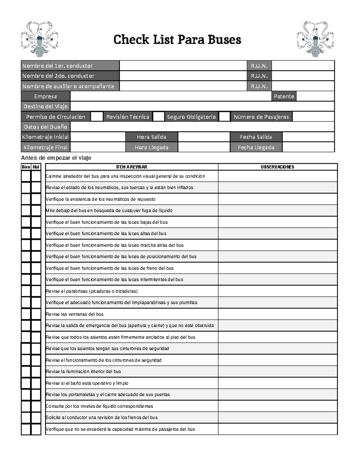 Check List Buses: Inspección Previa al Viaje y Revisión Técnica - Studocu