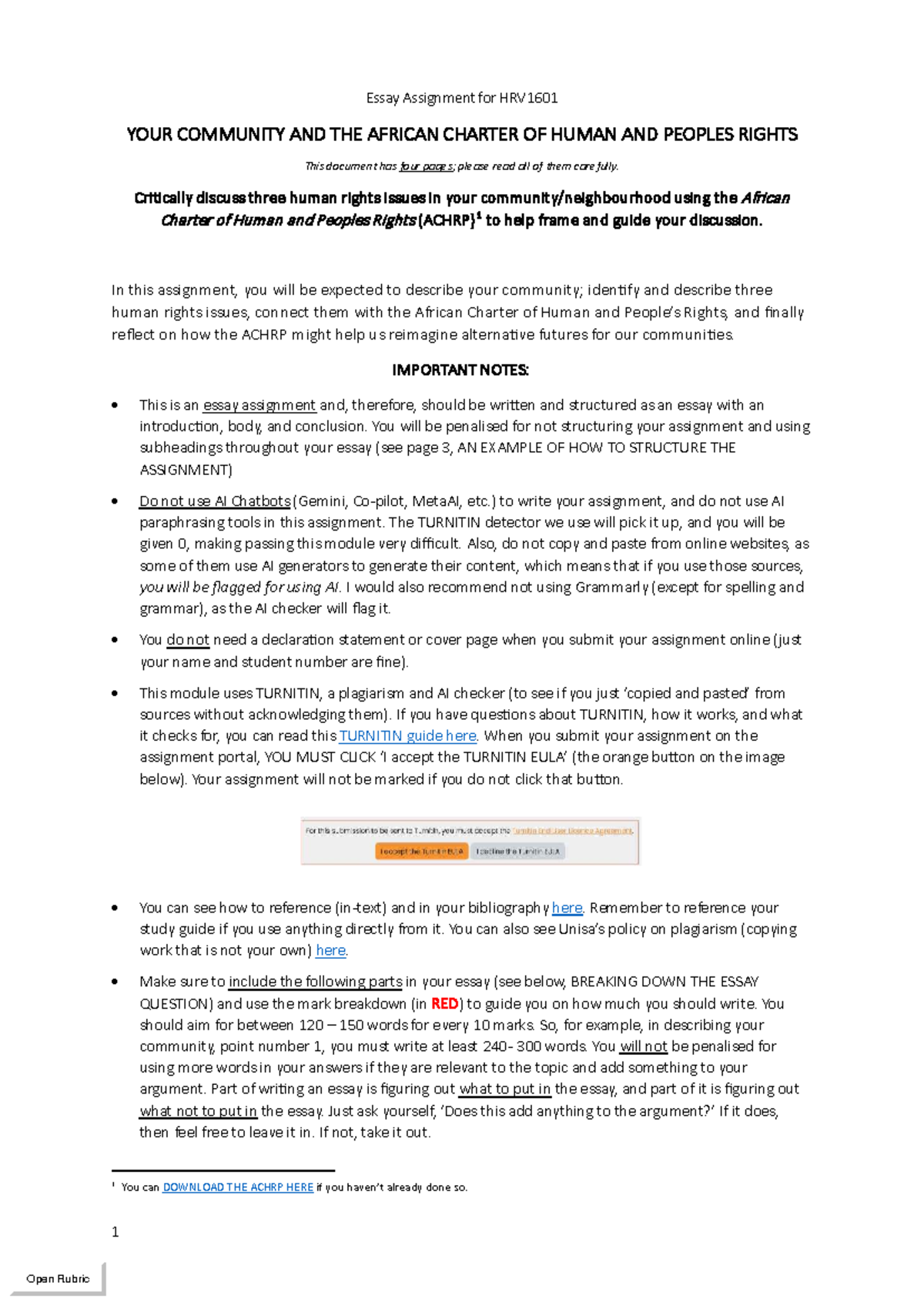 HRV1601 Essay Assignment: Human Rights & the African Charter - Studocu