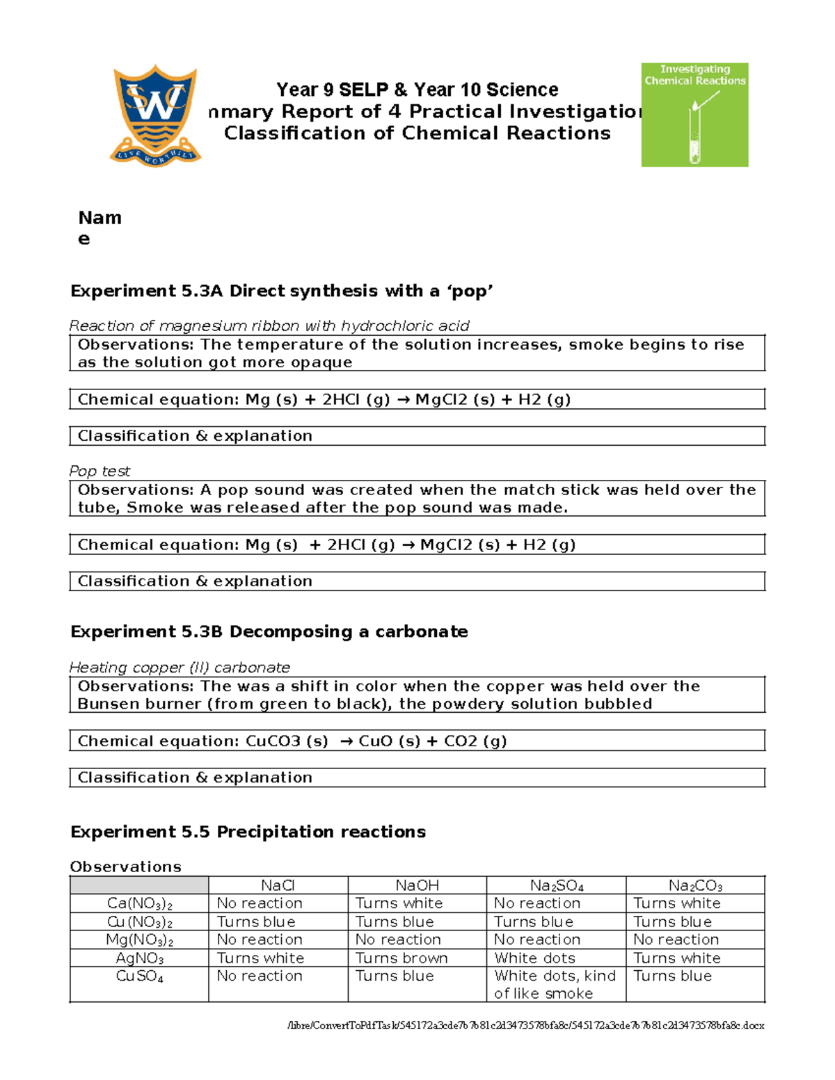 Year 10 Science Practical Report: Classification of Chemical Reactions ...