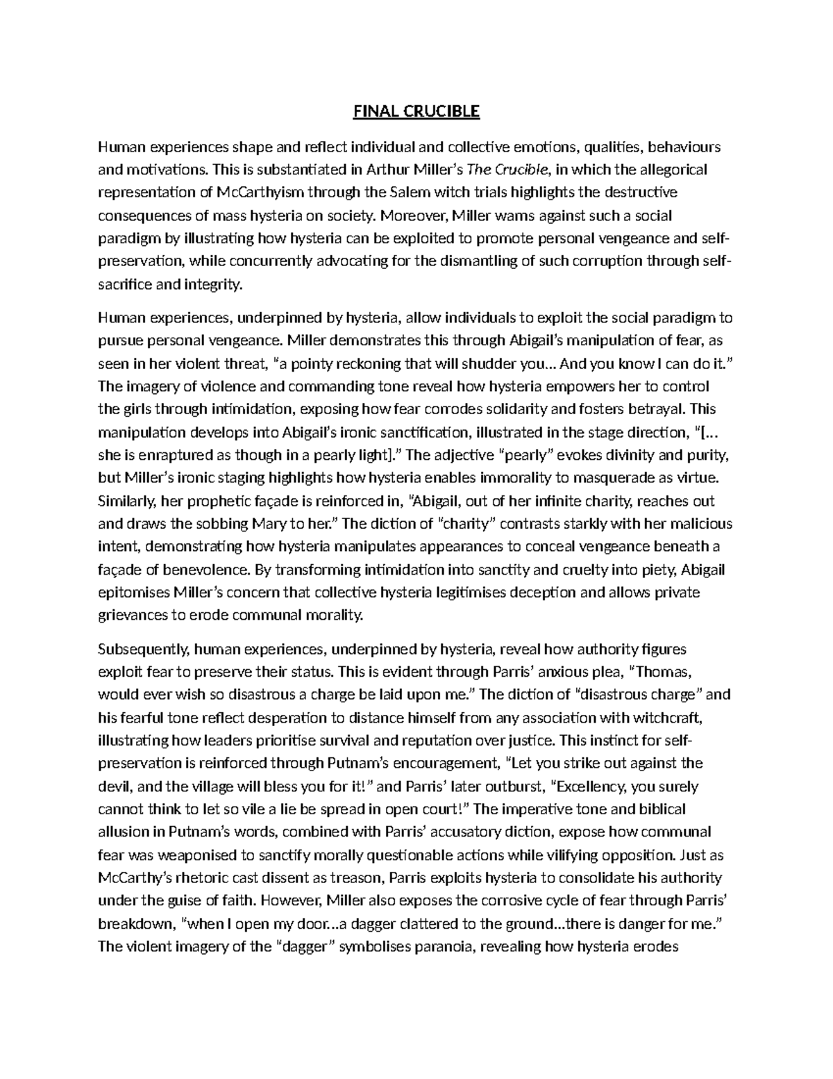 ENGL 101 FINAL ESSAY: Exploring Human Experience in The Crucible and ...
