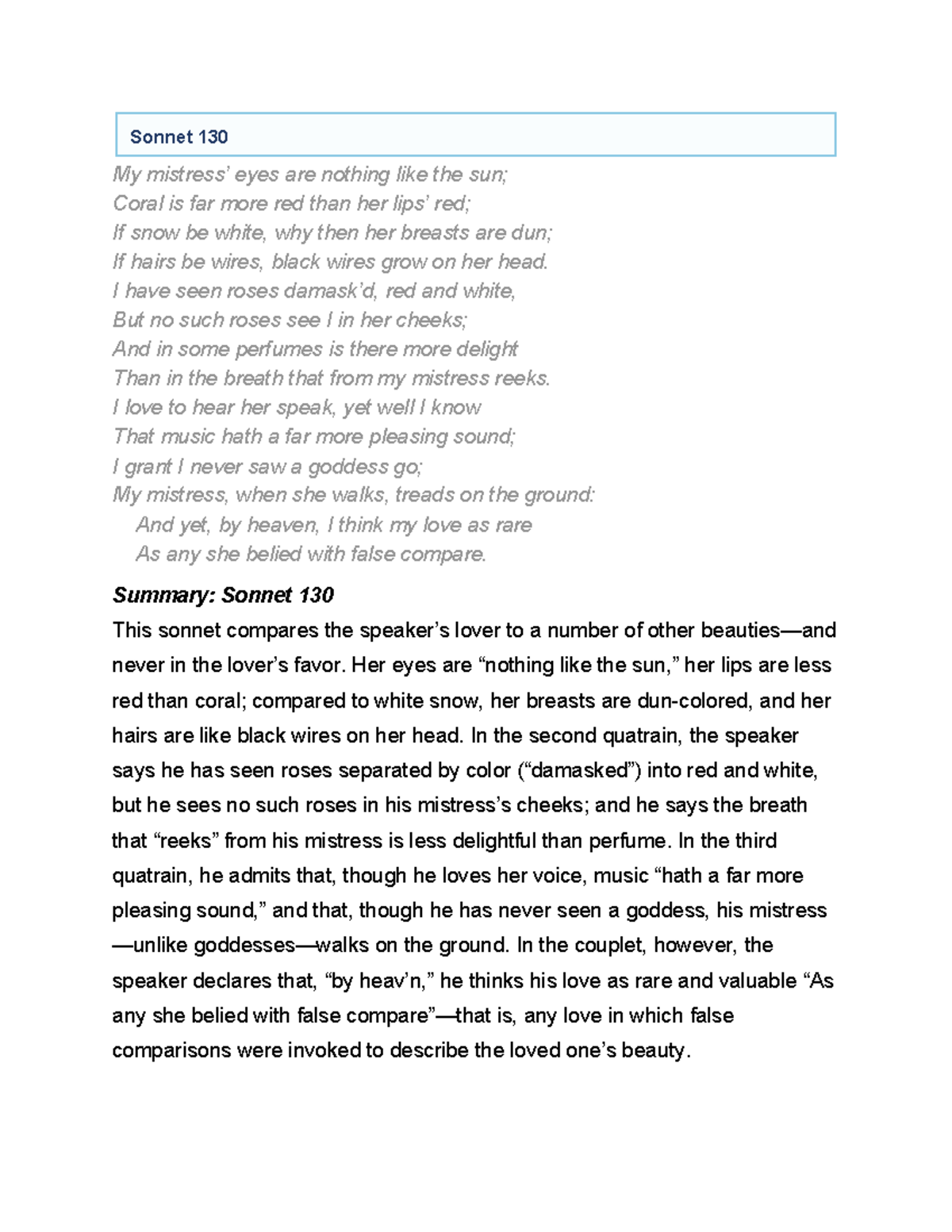 ENG2602-POEM-Analysis of Shakespeare's Sonnet 130 and 18 - Studocu