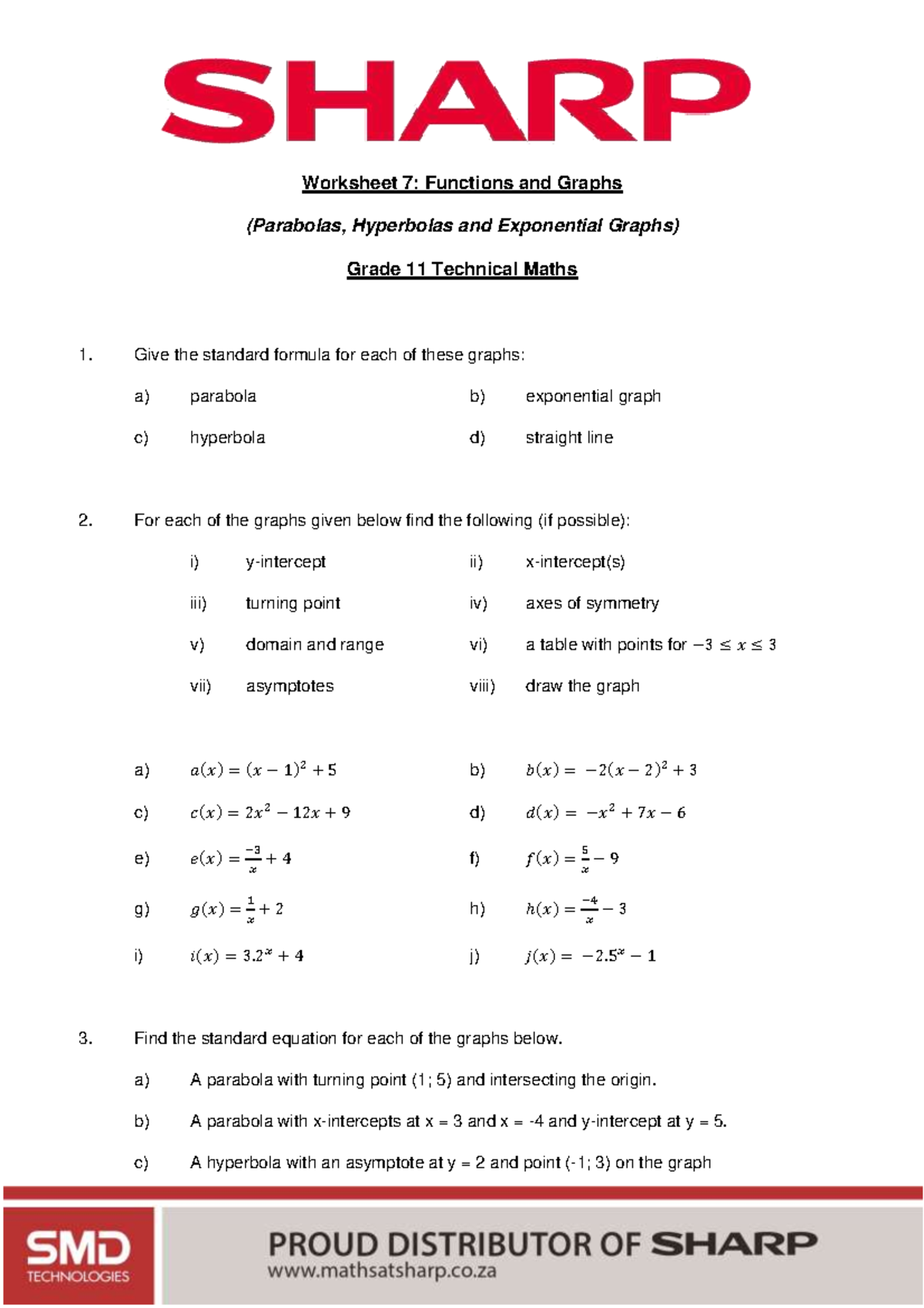 Grade 11 Technical Maths: Worksheet 7 on Functions and Graphs - Studocu