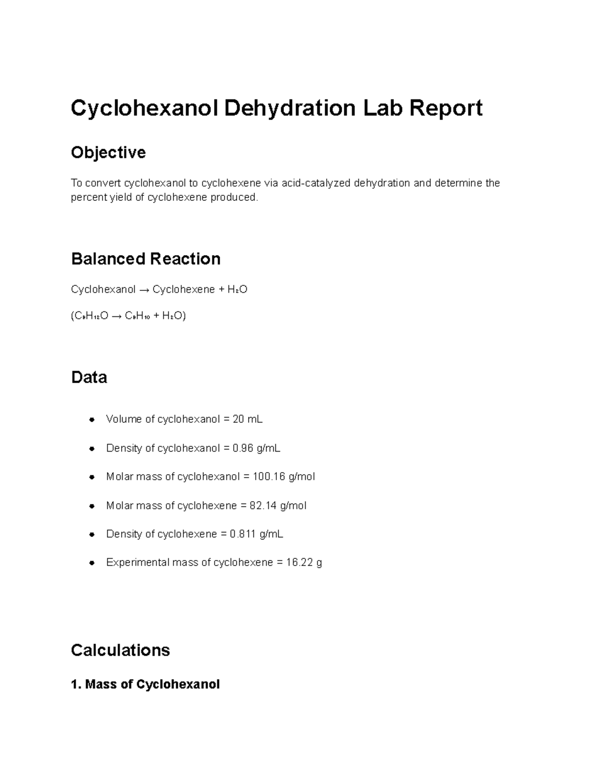 Cyclohexanol Dehydration Lab Report: Yield Analysis and Results - Studocu