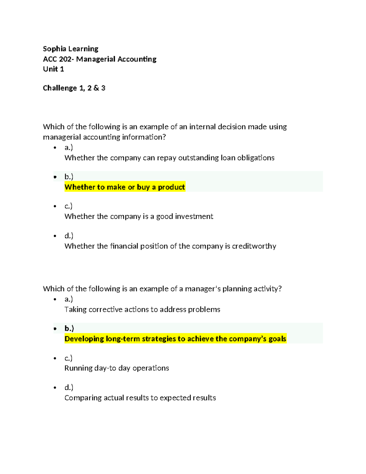 ACC 202 - Managerial Accounting Unit 1 Challenge Questions - Studocu