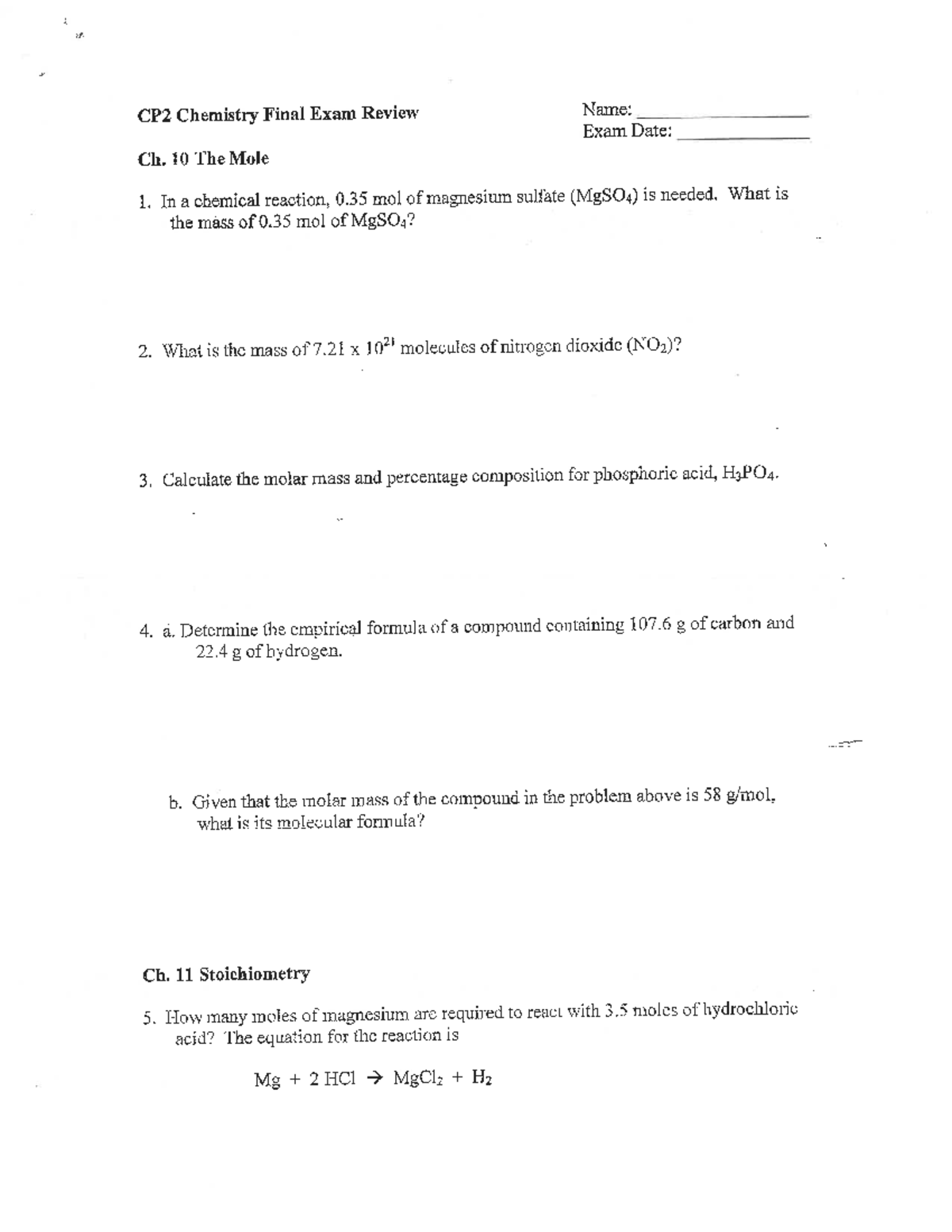 CP2 Chemistry Final Exam Review: Mole, Stoichiometry & Solutions - Studocu