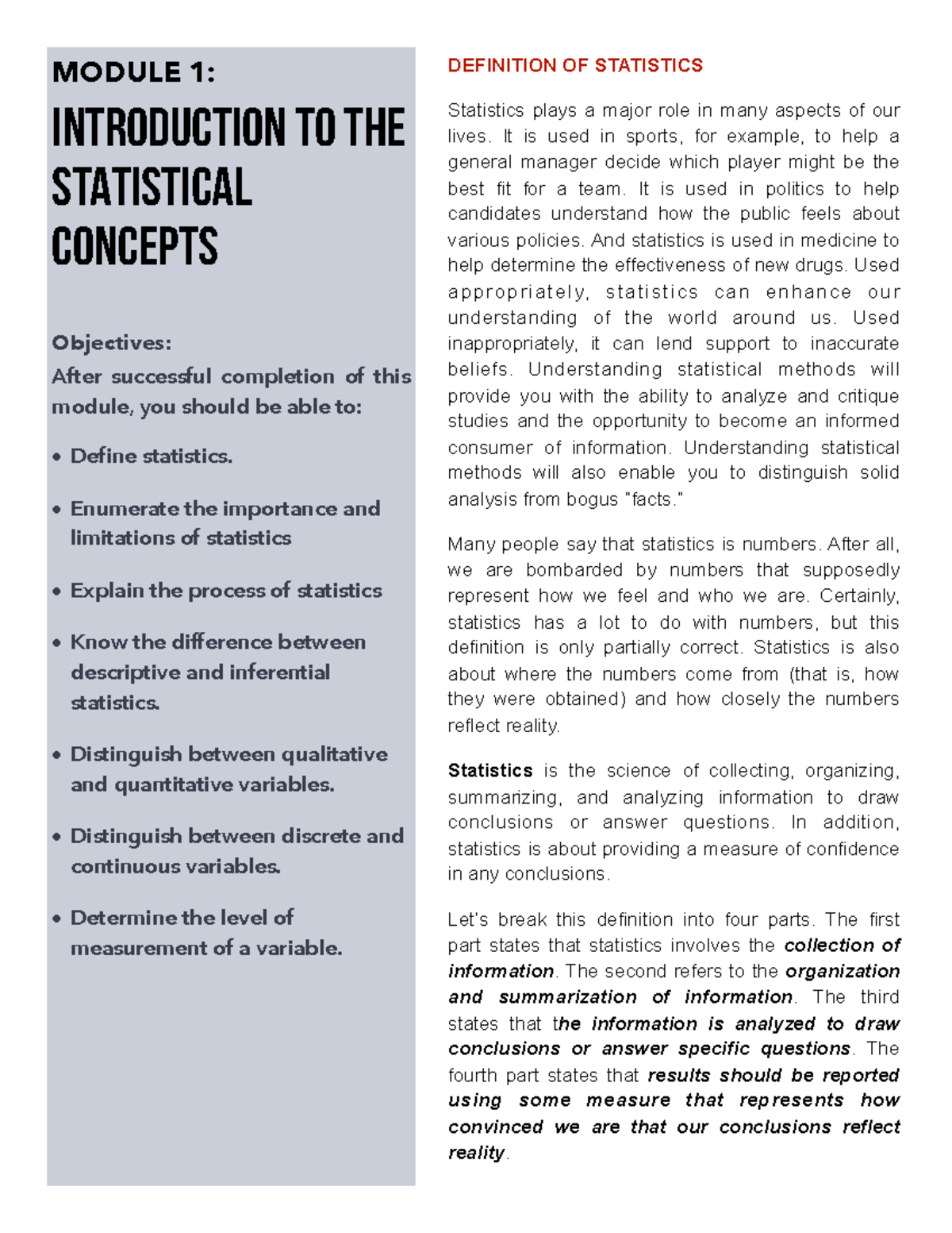 Statistical Analysis Concepts and Applications: Module 1 Overview - Studocu