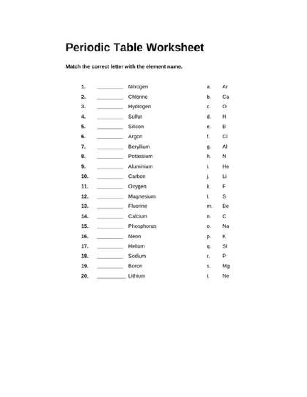 Quimica: Periodic Table Element Matching Worksheet - Studocu