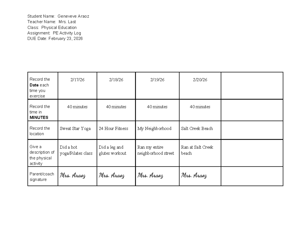 2.23.26 PE activity log - Student Name: Geneveve Araoz Teacher Name ...