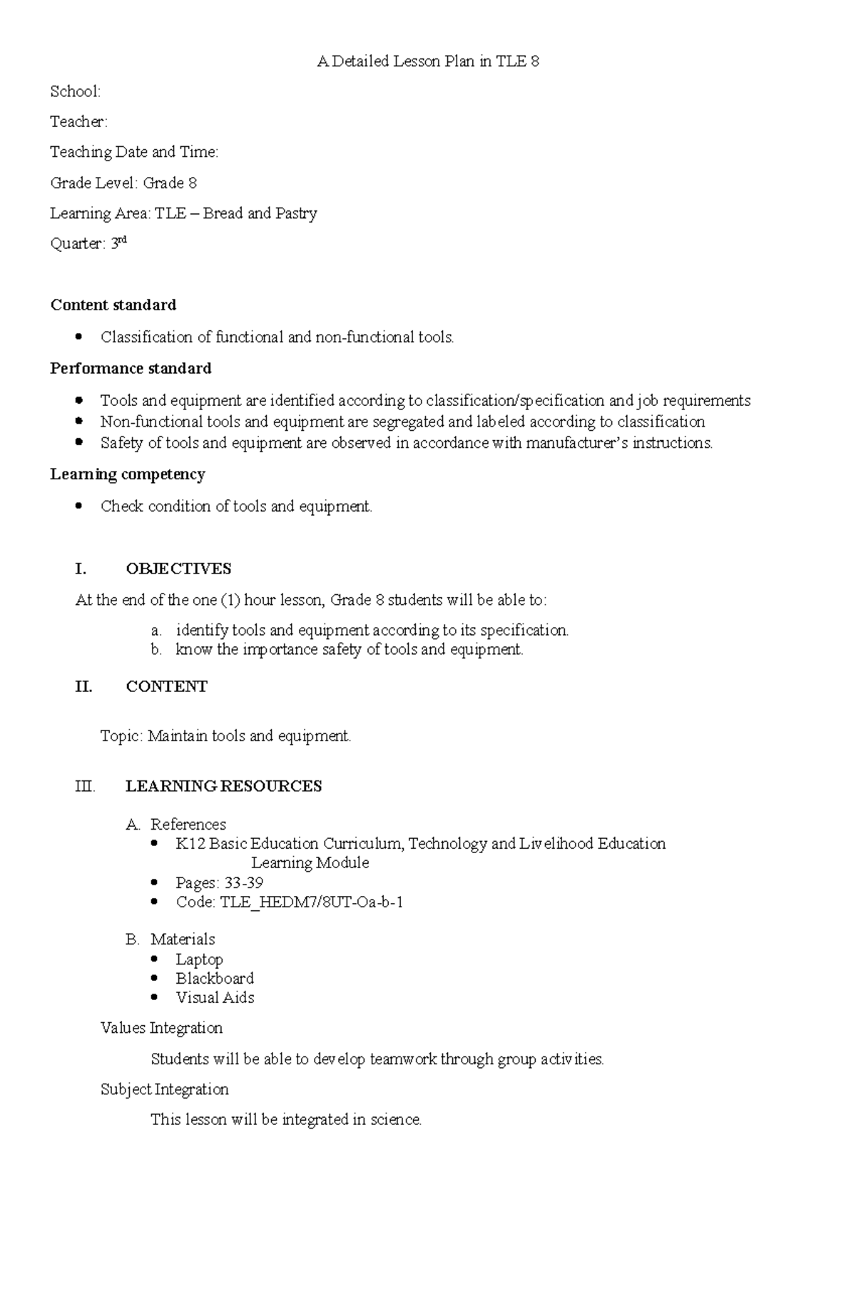 LP BP G8 - With complete method. - A Detailed Lesson Plan in TLE 8 ...