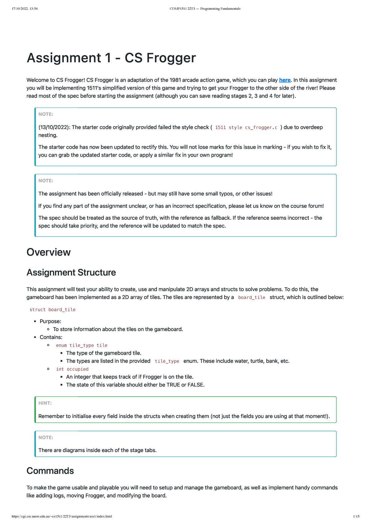 CS1511 Assignment 1: Frogger Game Implementation Guide - Studocu