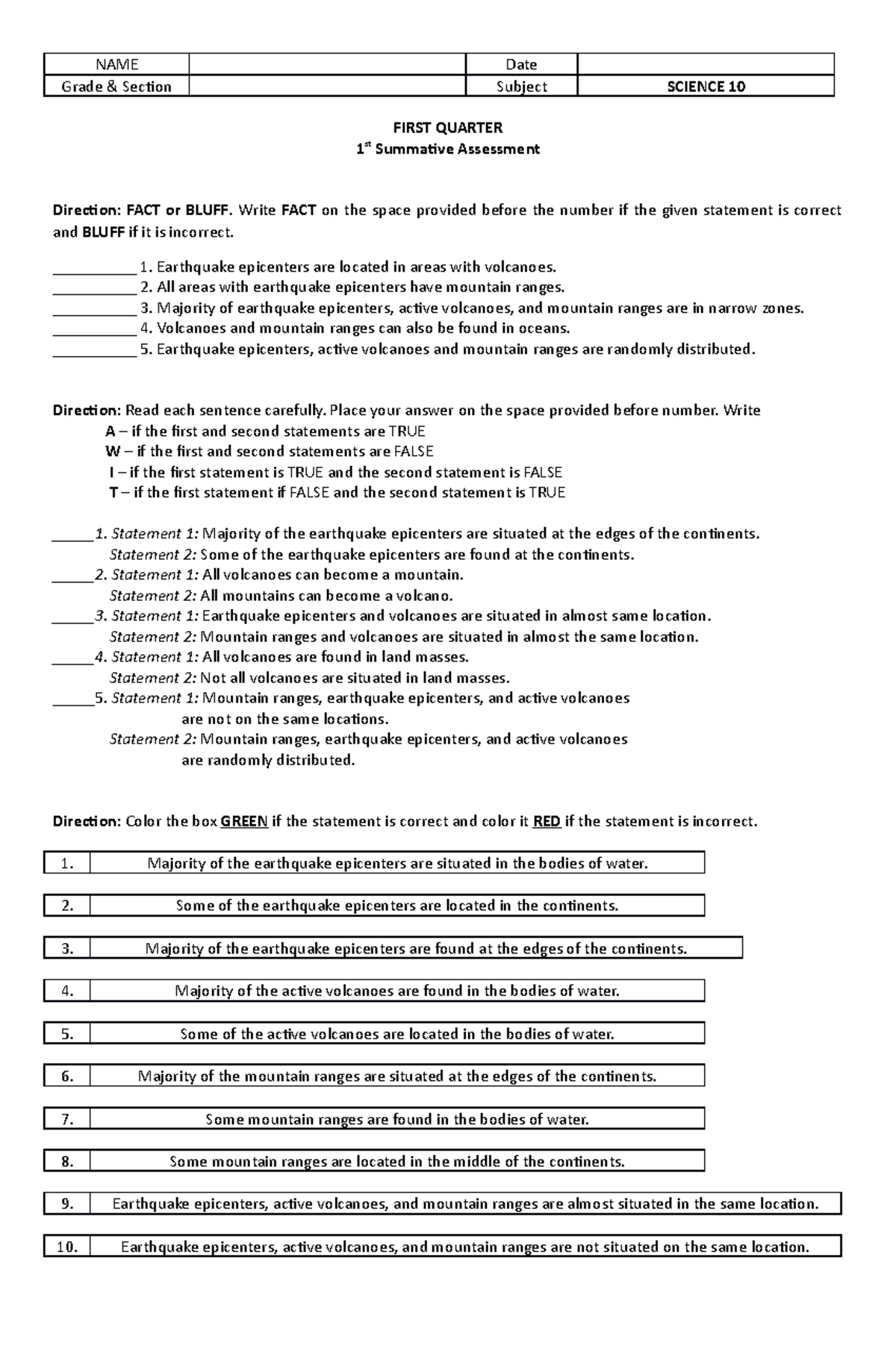 Q1 G10 Sci - Summative Assessment for Grade 10 First Quarter - Studocu