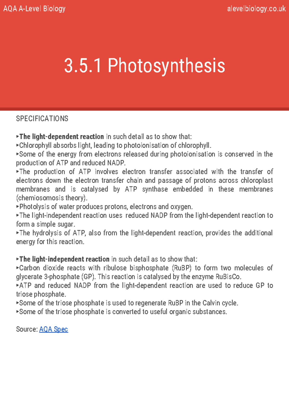 AQA A2 Biology 3.5.1 - Photosynthesis - AQA A-Level Biology ...
