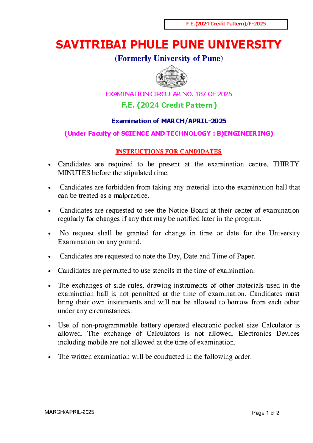 Time Table for F.E. (2024 Pattern) Exams - March/April 2025 - Studocu