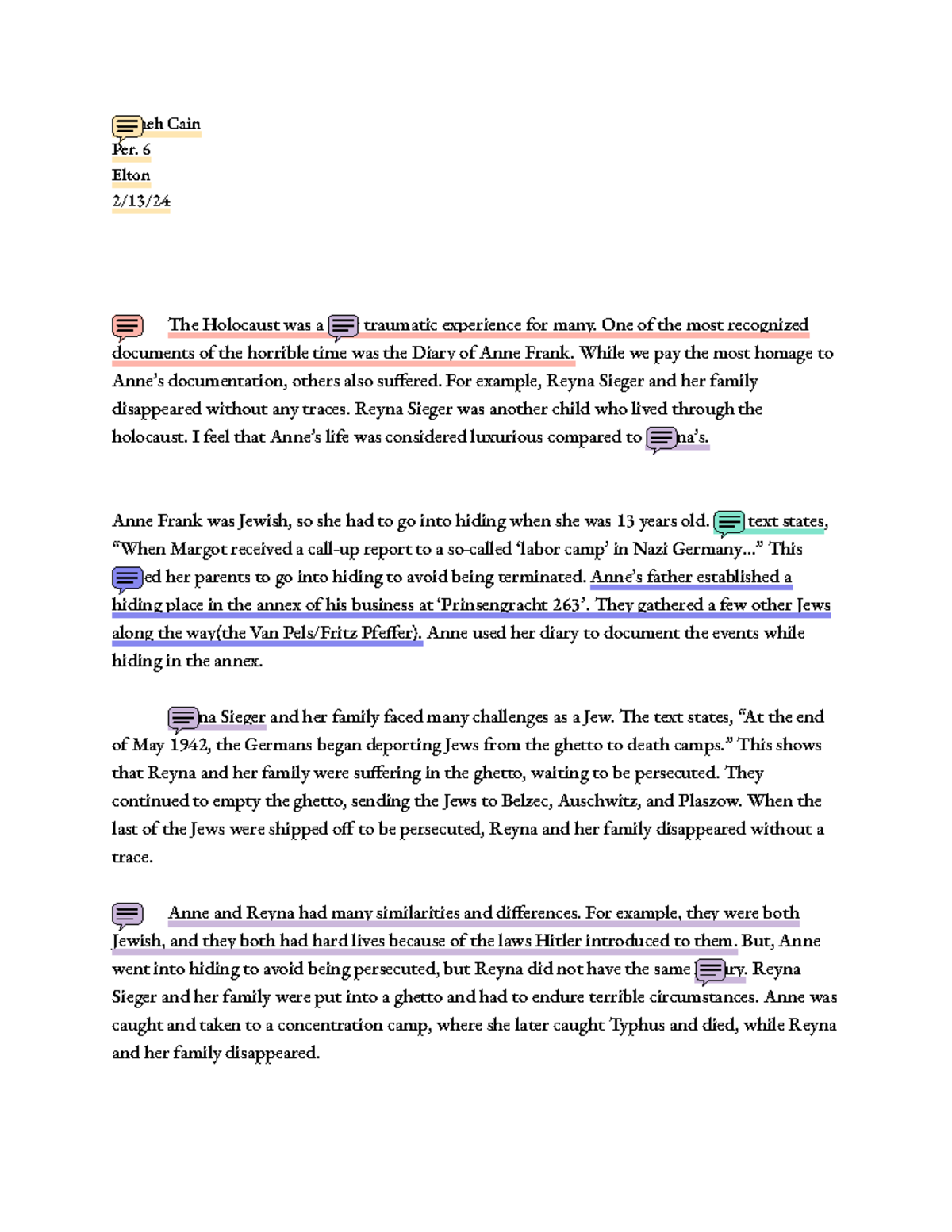 Holocaust Experiences: Anne Frank & Reyna Sieger (Per. 6) - Studocu