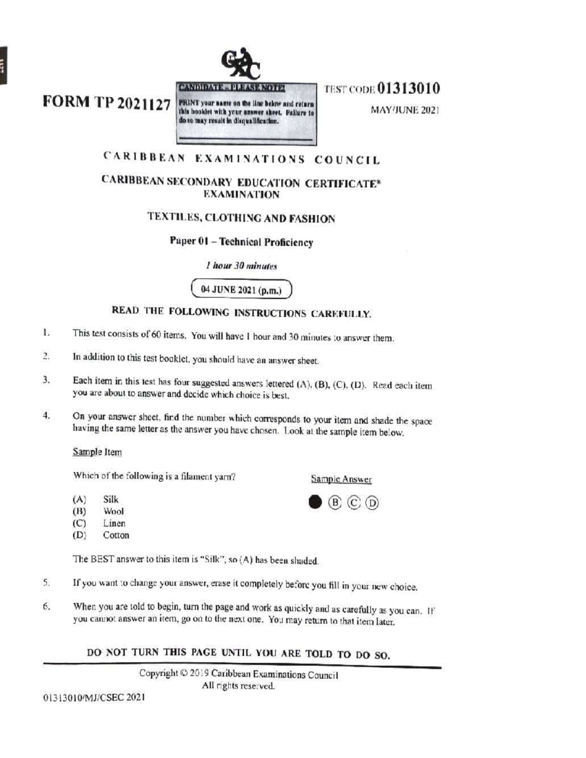 2021 CSEC Textiles, Clothing and Fashion P1 Exam Paper Guide - Studocu