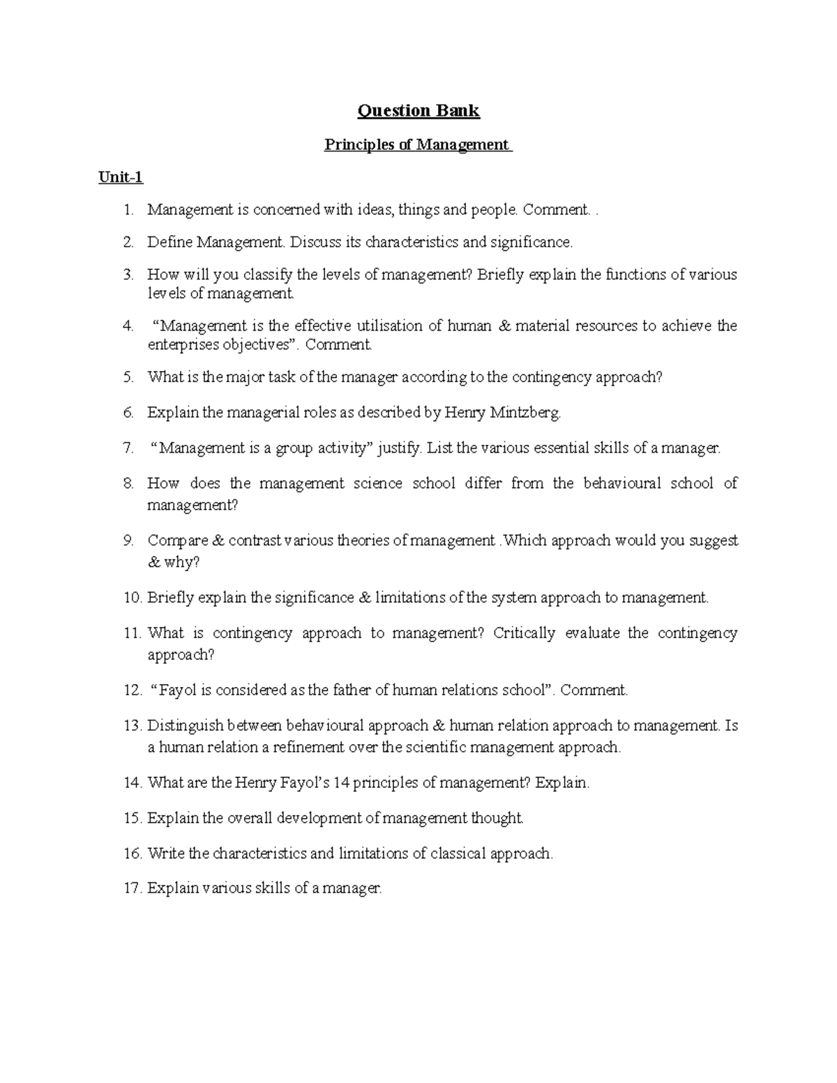 Question Bank - Principles of Management (POM) Units 1 to 4 - Studocu