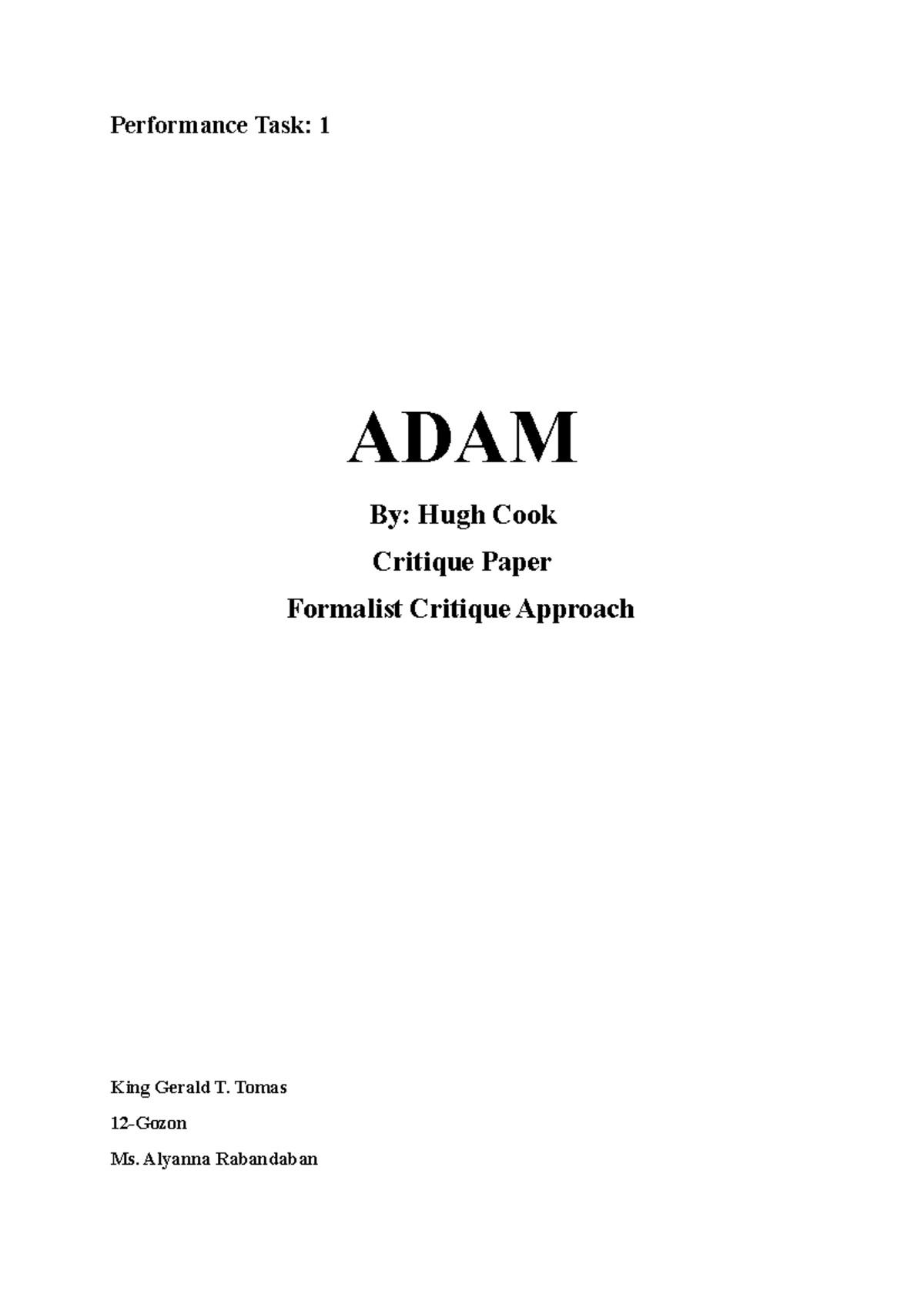 Performance Task - Analysis of the poem adam - Performance Task: 1 ADAM ...
