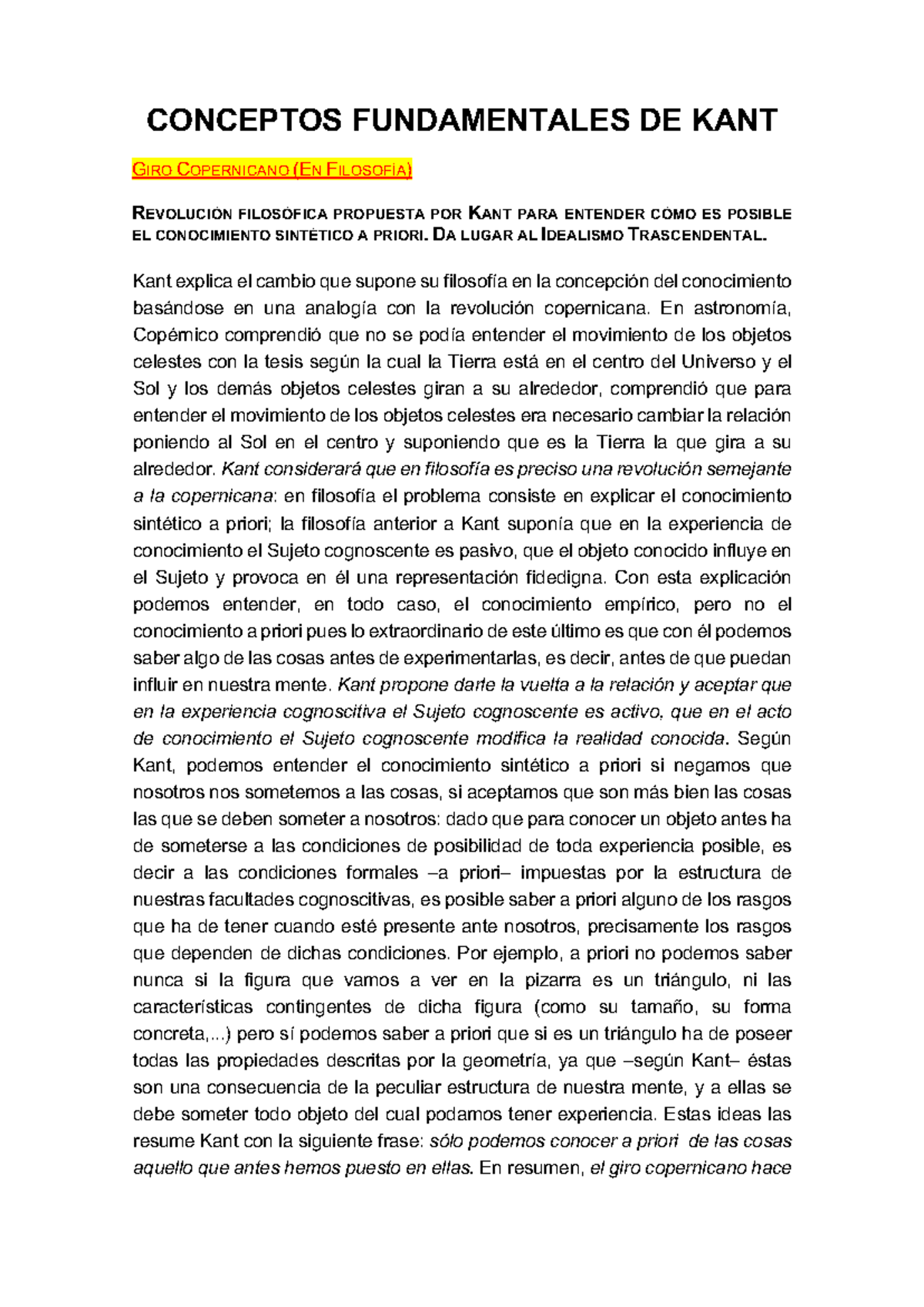 CONCEPTOS FUNDAMENTALES DE KANT: GIRO COPERNICANO EN FILOSOFÍA - Studocu