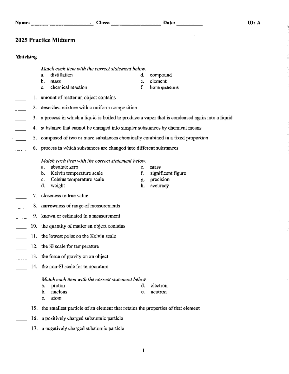 2025 Chem A Practice Midterm Exam Matching & MCQ - Studocu