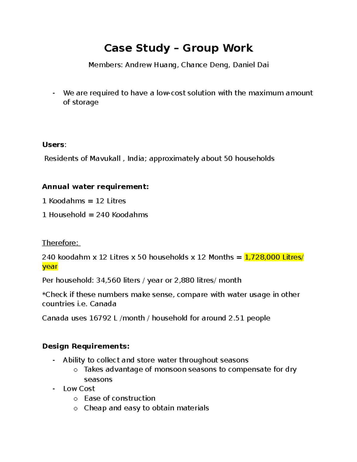 Case Study - Group Work on Water Storage Solutions (ENG 101) - Studocu