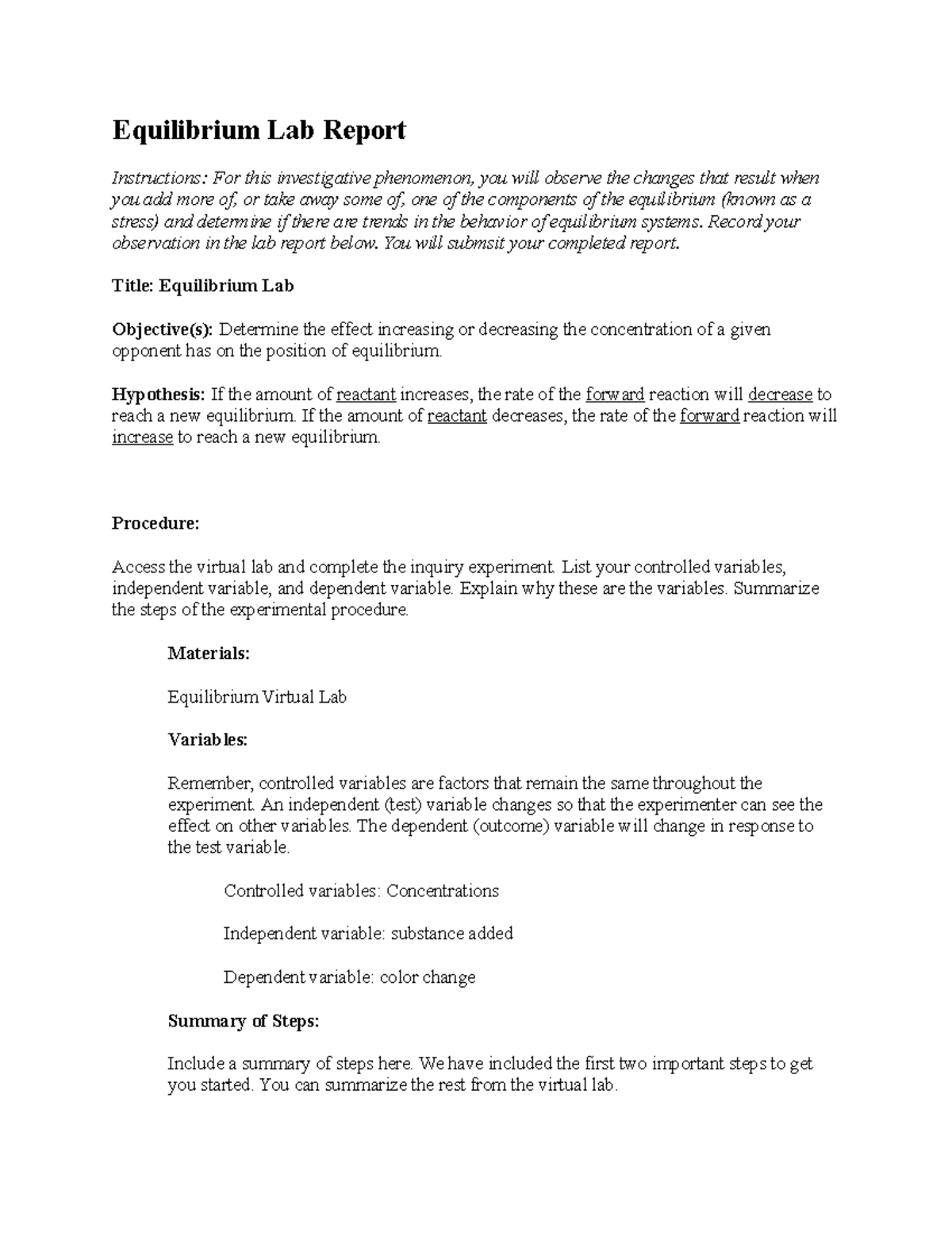07 06 Chemistry 1 V18 Lab Report: Observing Equilibrium Changes - Studocu