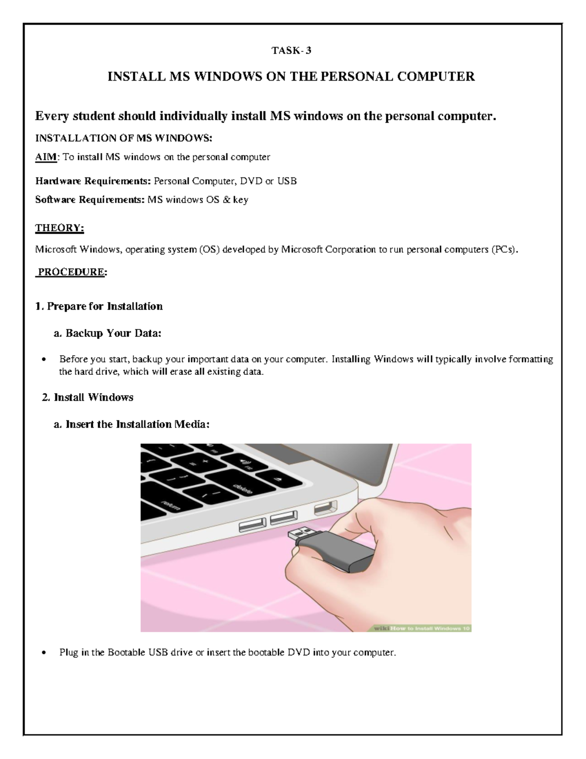 TASK 3 - PRACTICAL: Installing MS Windows on a Personal Computer - Studocu