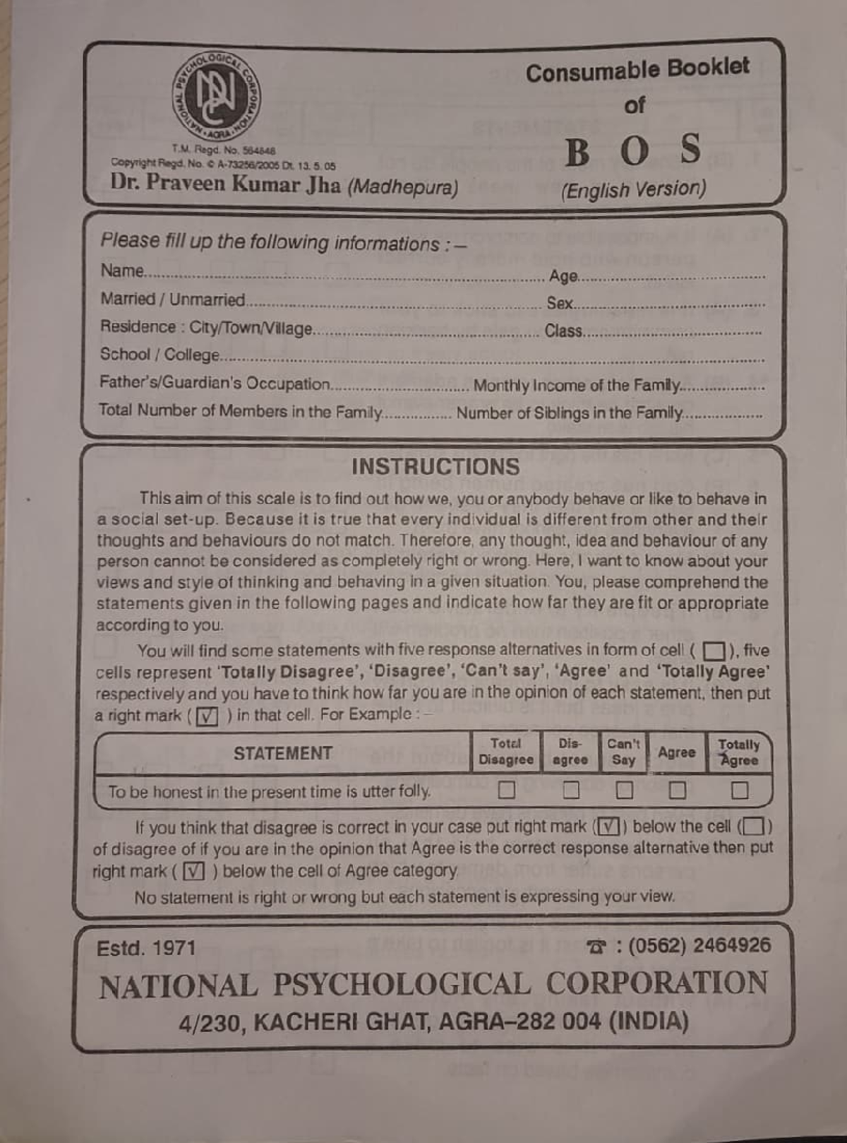 Questionnaire on Behavior Orientation Scale (BOS) - English Version ...