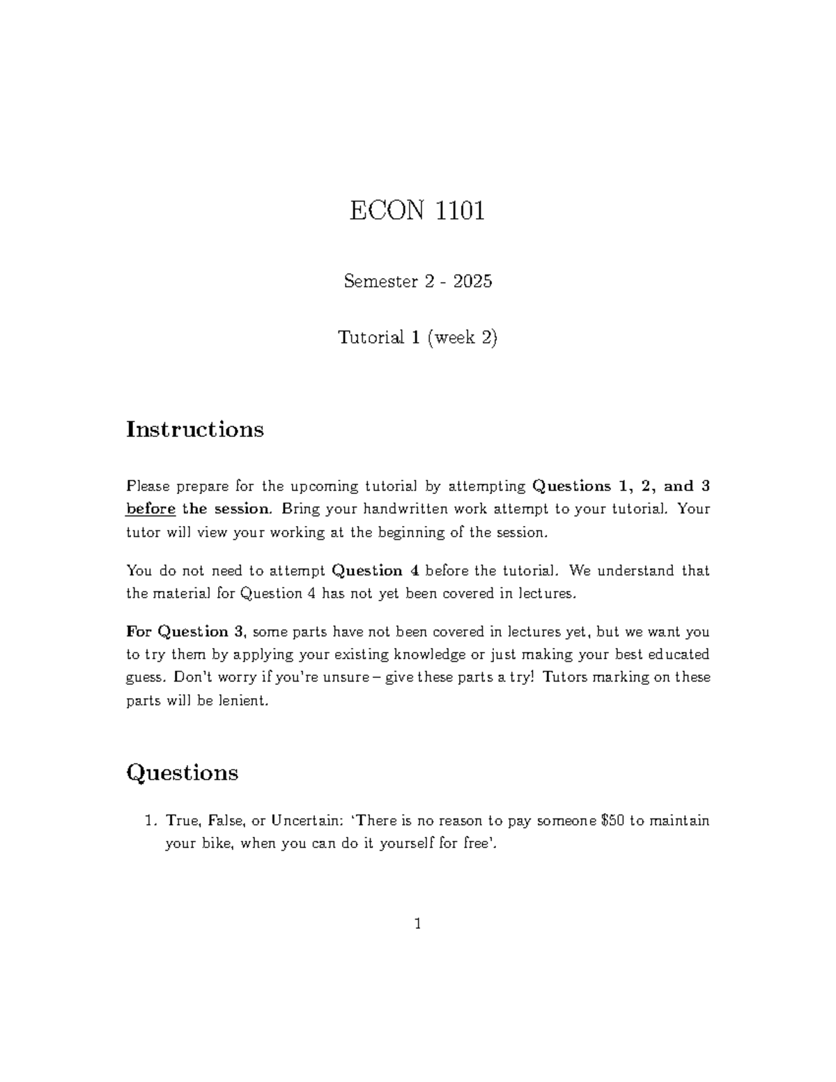ECON 1101 Semester 2 2025 Tutorial 1 Questions & Instructions - Studocu