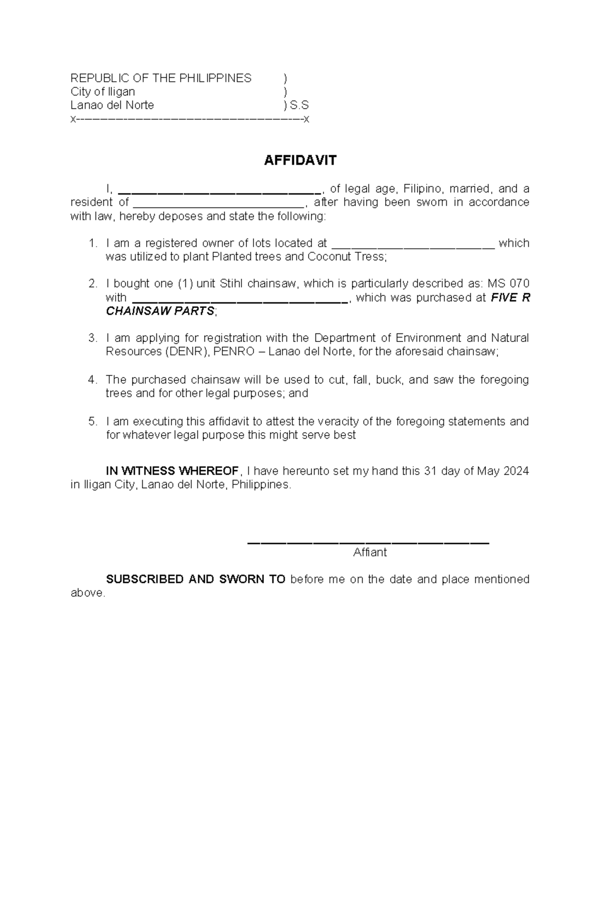 Sample Affidavit for Chainsaw Registration in the Philippines - Studocu