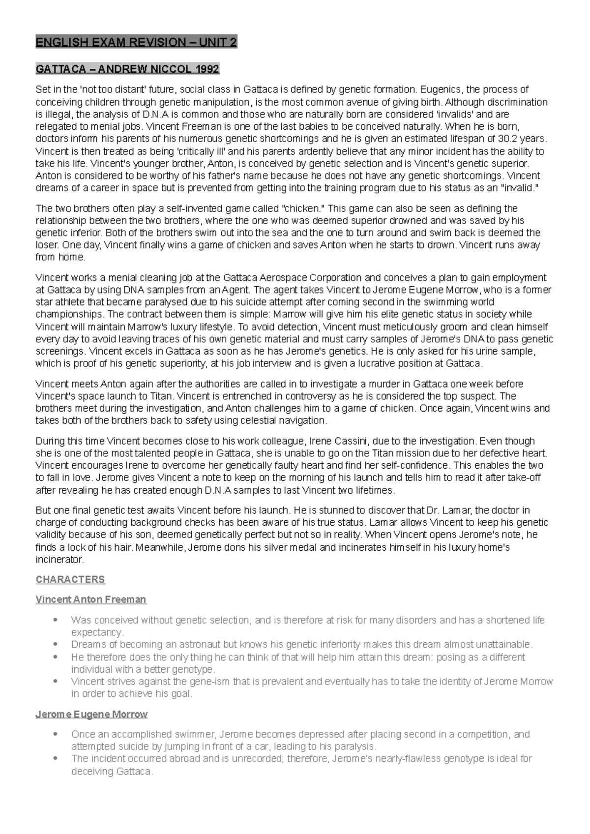 English Exam Revision Unit 2 on gattaca - GATTACA – ANDREW NICCOL 1992 ...