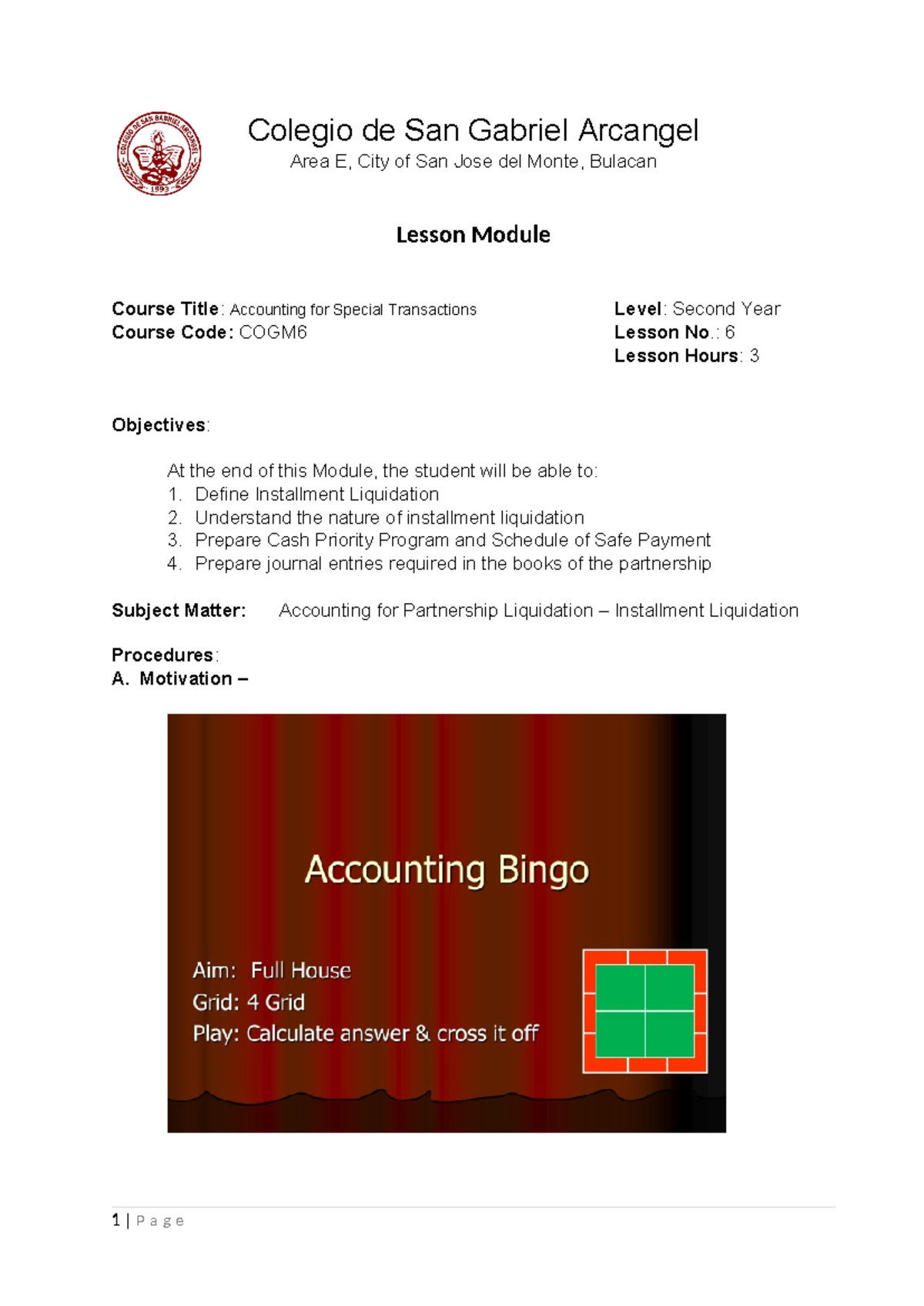 **COGM6 Lesson 6: Accounting for Installment Liquidation Processes ...