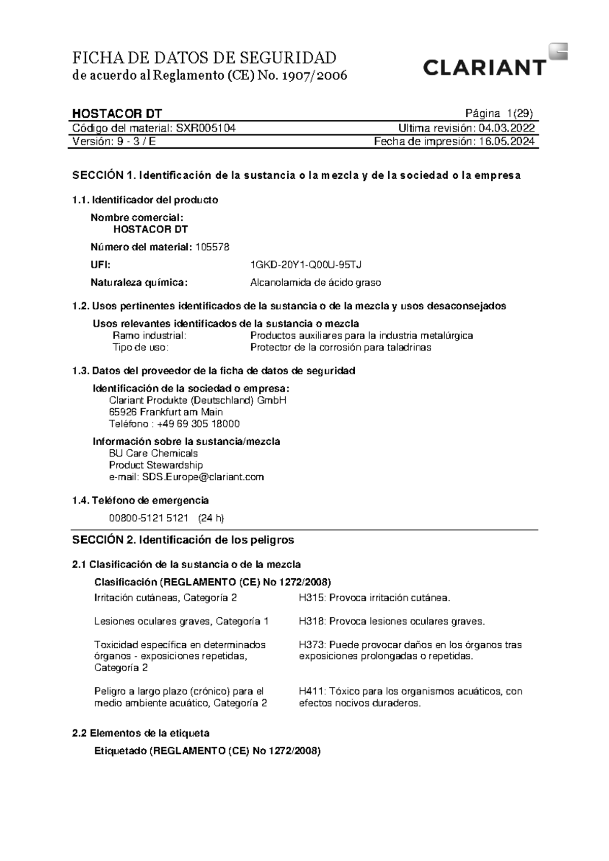 Ficha de Seguridad del Material HDS SXR005104 - HOSTACOR DT - Studocu