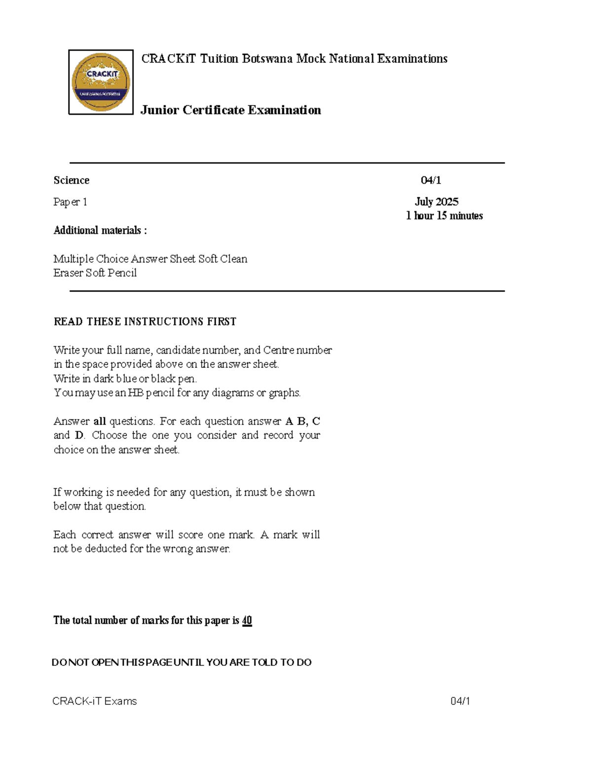JCE Science Paper 1 Mock Exam 2025 - Tuition Botswana - Studocu