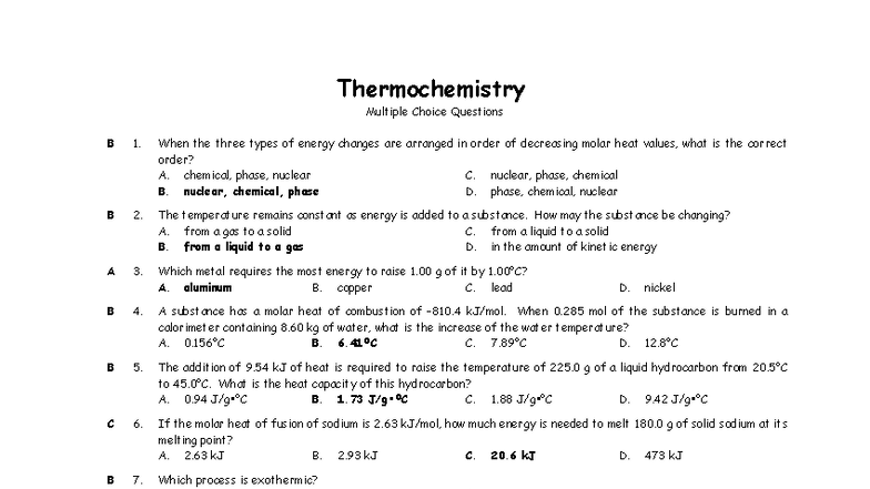 CHE 156 - Thermochemistry Multiple Choice Questions and Answers - Studocu