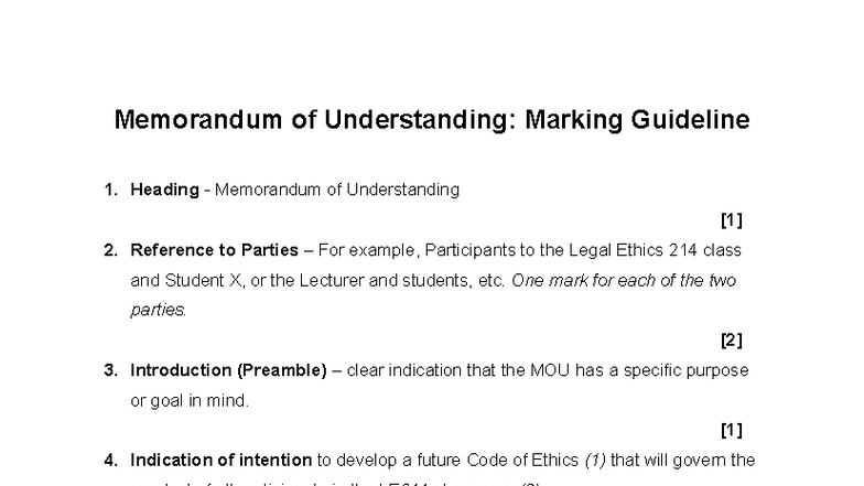 Marking guideline for MOU - Memorandum of Understanding: Marking ...