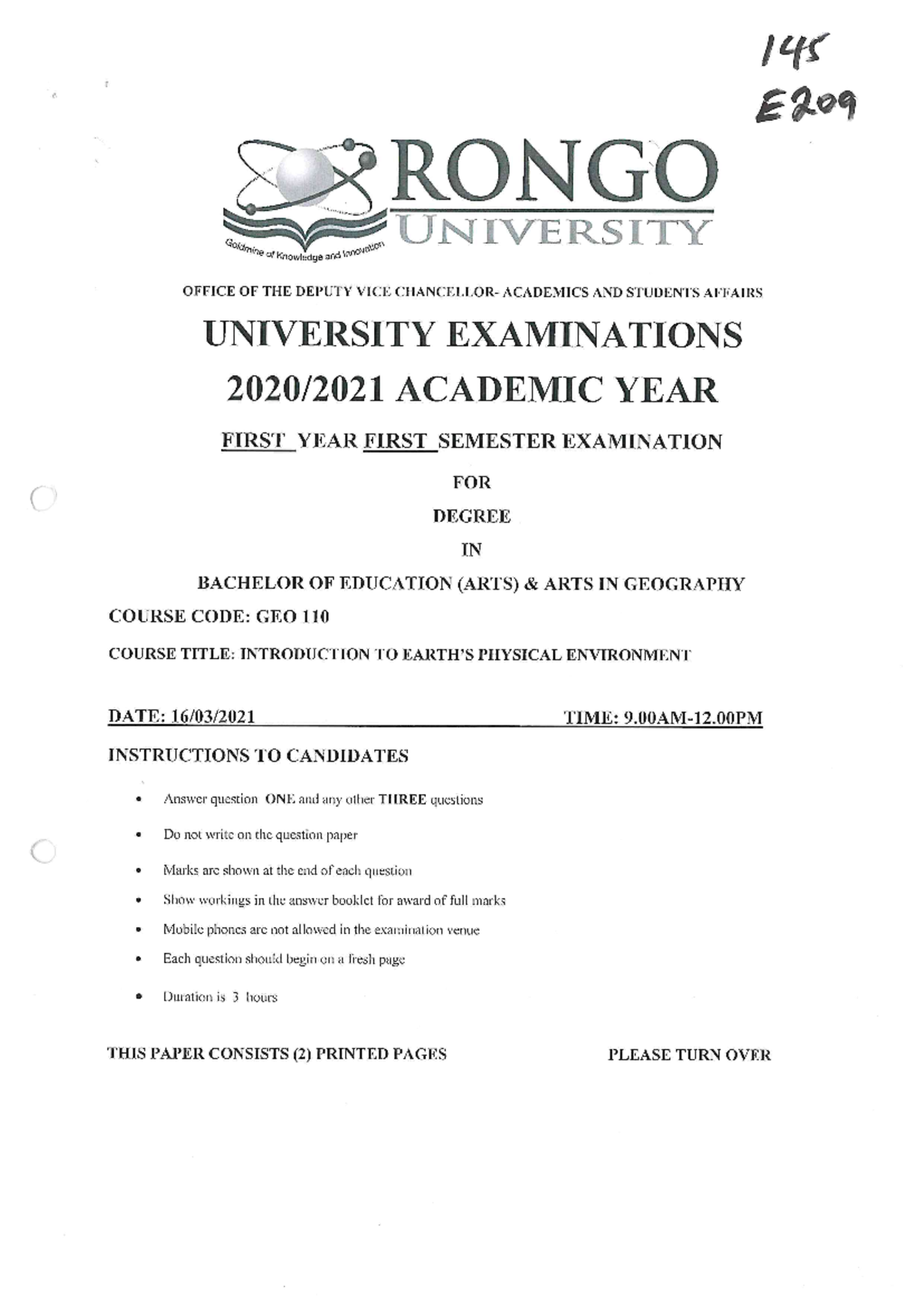 GEO 110 & 111 Final Exam: Introduction to Physical Environment ...