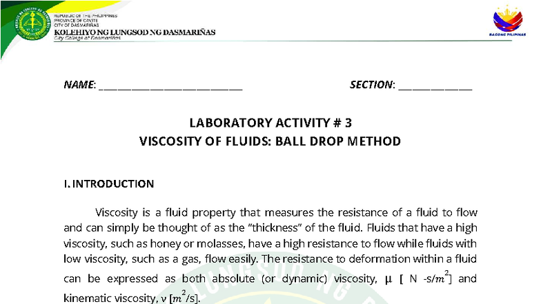 LAB 3: VISCOSITY OF FLUIDS - BALL DROP METHOD EXPERIMENT - Studocu
