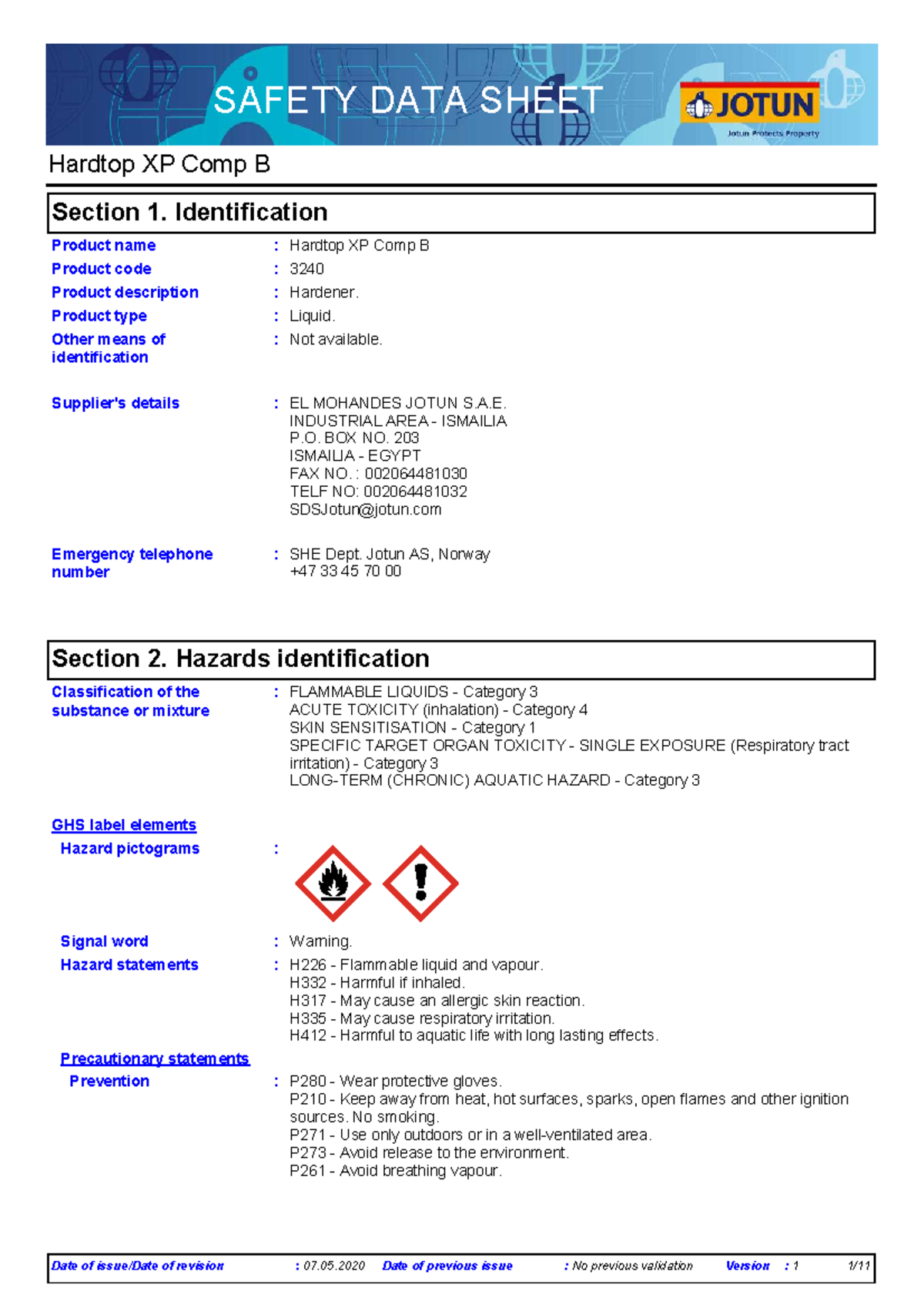 Hardtop XP Comp B Safety Data Sheet (MSDS) - Product Code 3240 - Studocu